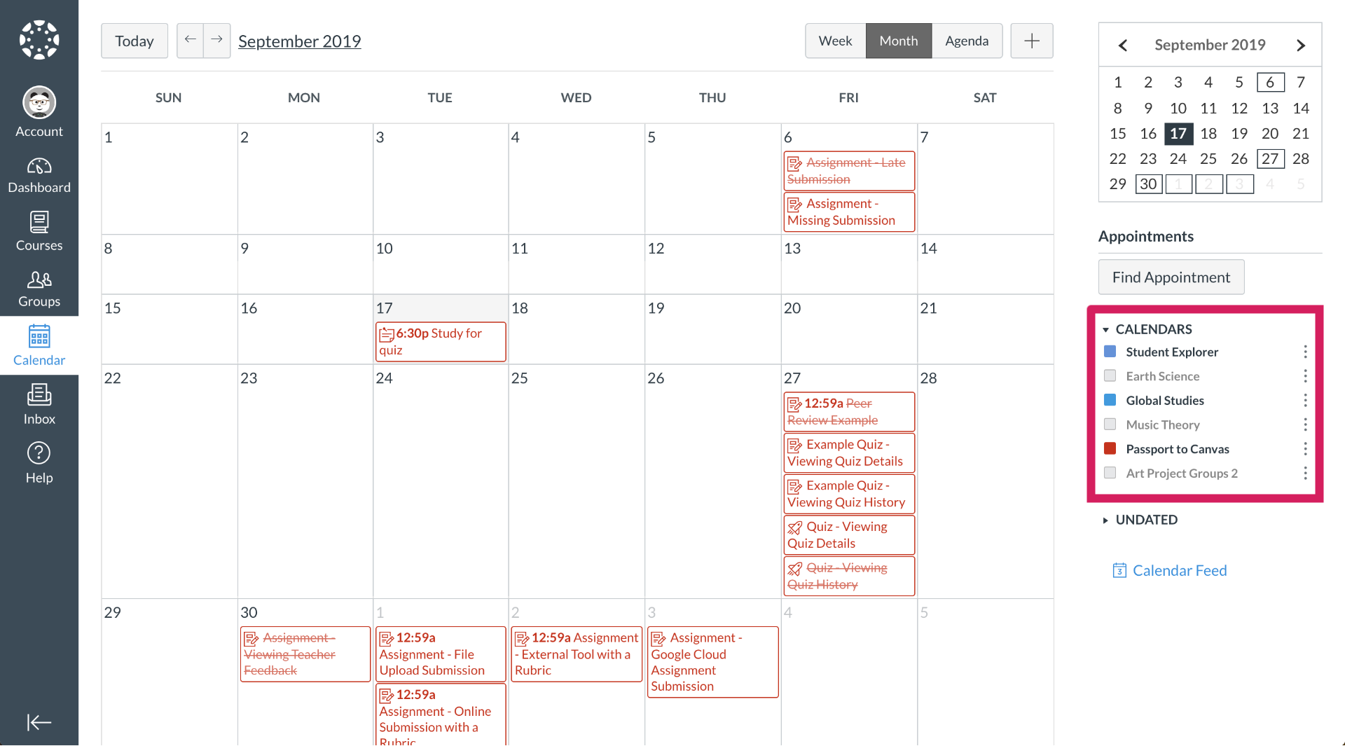 Calendar Canvas Student Life AUT